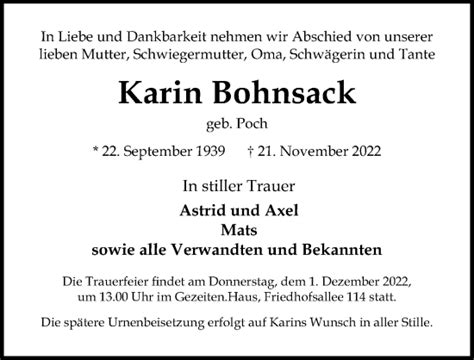 Traueranzeigen Von Karin Bohnsack Trauer Anzeigen De