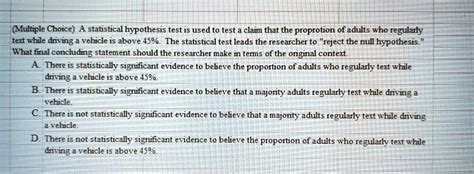 solved multiple choice a statistical hypothesis test is used to test