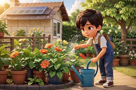 Premium Photo A Boy Watering Plants At Garden