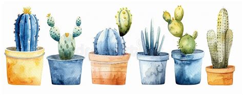 Watercolor Set With Cute Cacti Print With House Flowers In Pots Stock