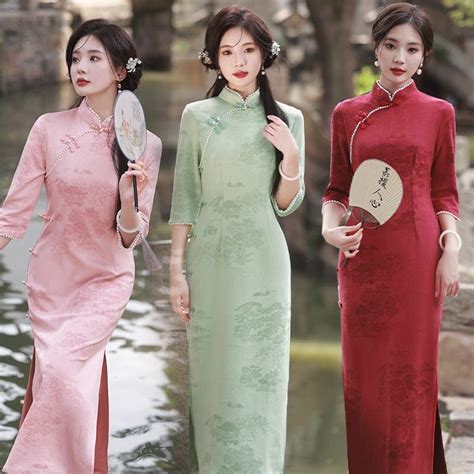 Qipao Dress For Women Green Ao Dai Daily Ao Dai Jacquard Cheongsam