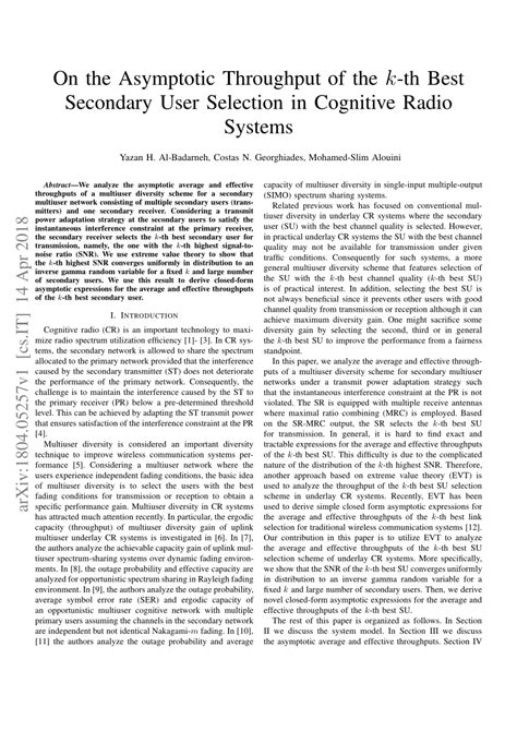 Pdf On The Asymptotic Throughput Of The K Th Best Secondary User Selection In Cognitive Radio