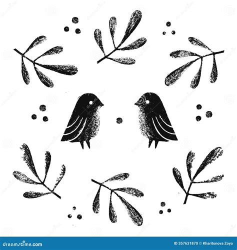Linocut With Birds And Leaves Vector Illustration