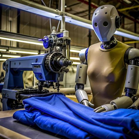 A Futuristic Robot With A White Helmet And Articulated Arms Operates An Industrial Sewing