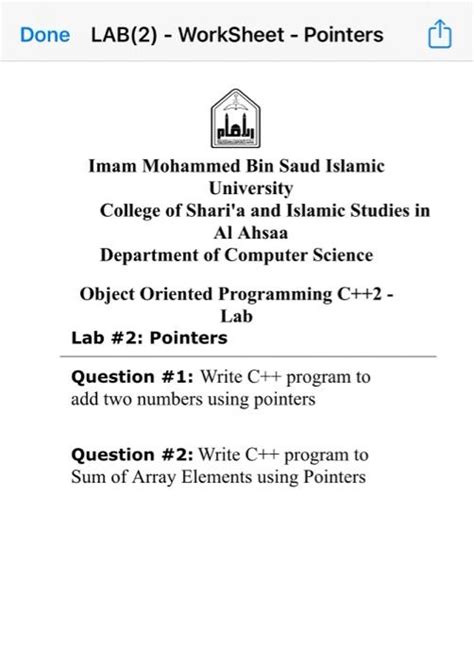 Solved Done Lab2 Worksheet Pointers Imam Mohammed Bin