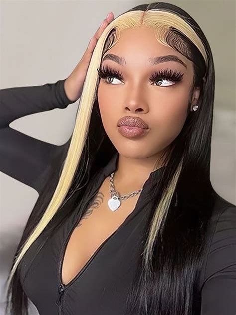 Black Wig With Blonde Skunk Stripe 13x4 Lace Front Straight Hair Wigs