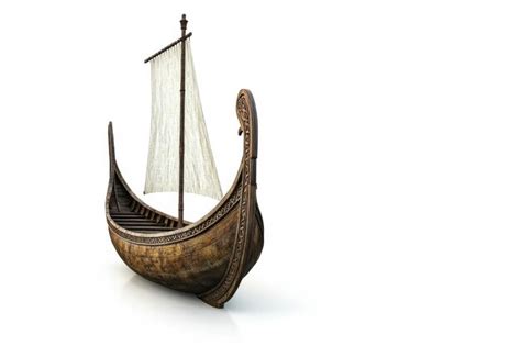Ancient Wooden Sailboat With Intricate Carvings And A Soft Linen Sail