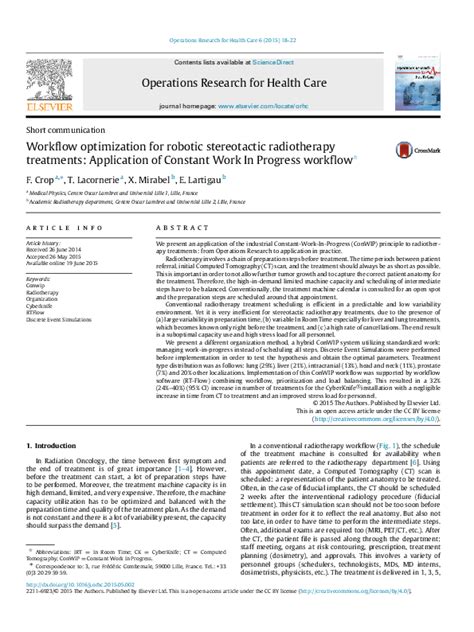 Pdf Workflow Optimization For Robotic Stereotactic Radiotherapy Treatments Application Of
