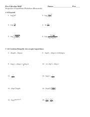 Properties Of Logs Worksheet Pdf Algebra II Pre AP Name Per Worksheets Library