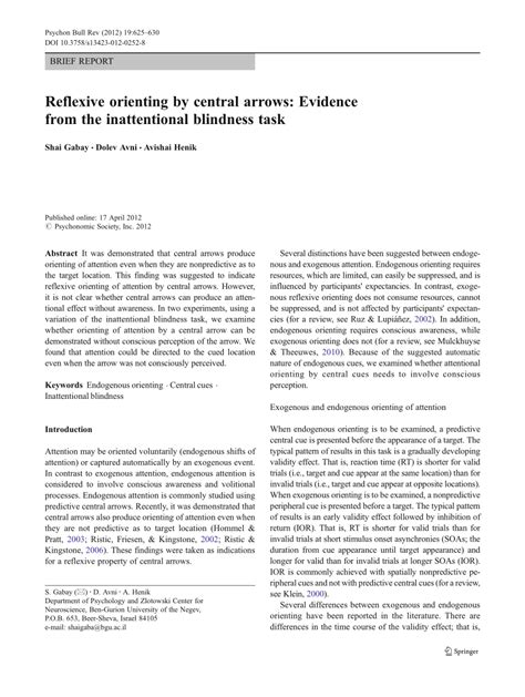 Pdf Reflexive Orienting By Central Arrows Evidence From The Inattentional Blindness Task