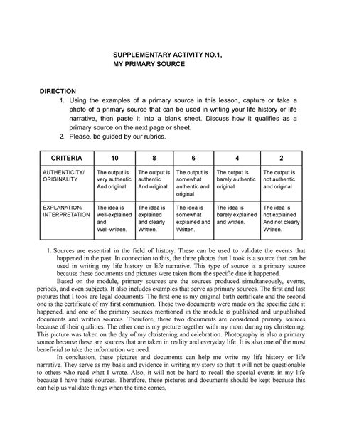 Applying Primary Source Supplementary Activity No My Primary Source