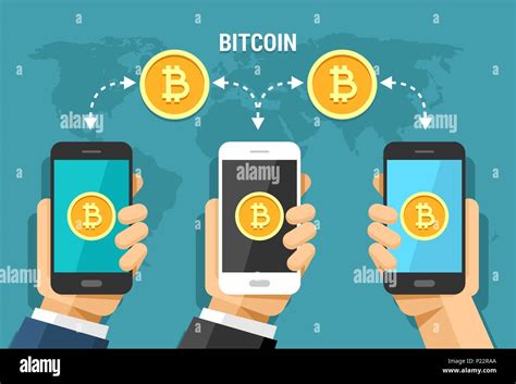 Vector Flat Illustration Of Bitcoin Transfer Between Users All Around The World Bitcoin