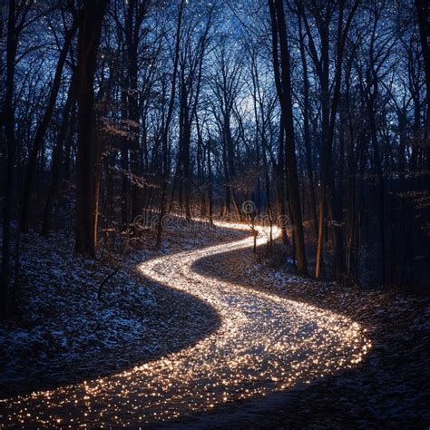 Illustration Magical Forest Path Night Stars Glowing Trail Trees Dark