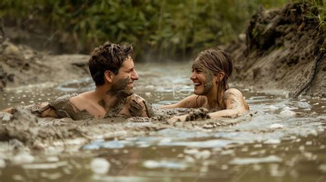 A Couple Covered In Mud Laughing And Looking At Each Other Premium Ai