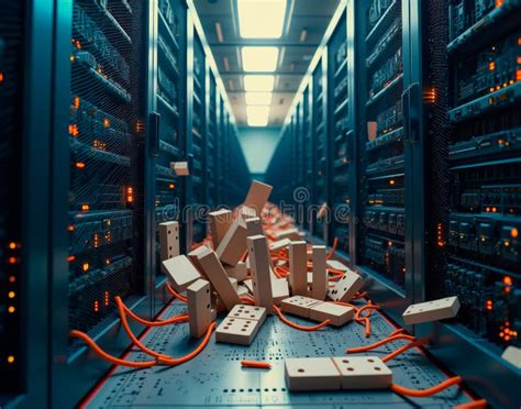 Server Racks Collapse Like Dominoes Illustrating A Chain Reaction Of