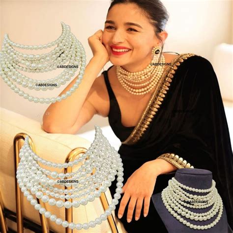 Alia Bhatt Choker Alia Bhatt Black Velvet Saree Layered Pearl Necklace