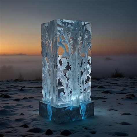A Frozen Ice Sculpture With A Blue Light On It Premium Ai Generated Image
