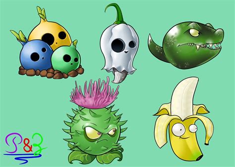 Pvz 1 Style Cartoon Characters On Green Background