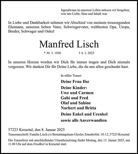 Anzeigen Lisch Manfred Kondolenz Bestattungshaus Giesler Ihr