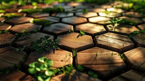 Wooden Floor On A Green Artificial Grass Pattern With Wooden Decoration In The Shape Of A