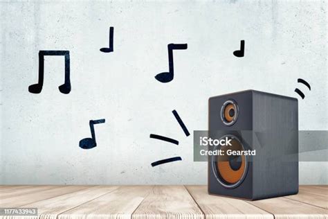 공중에 만화 뮤지컬 표지판흰색 나무 바닥에 어쿠스틱 스피커의 3d 렌더링 음표에 대한 스톡 사진 및 기타 이미지 음표 3차원 형태 개념 Istock