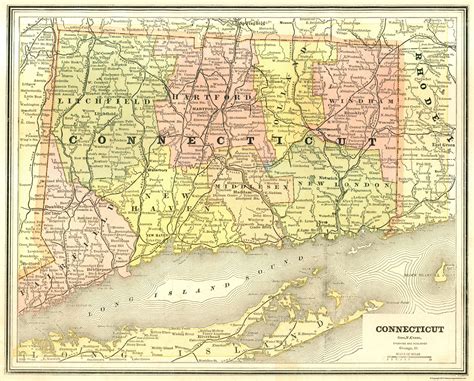 Historic State Map Connecticut Cram 1886 23 X 28 59 Vintage Wa