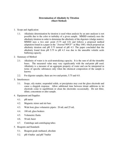Determination Of Alkalinity By Titration Short Method Pdf Ph Alkalinity