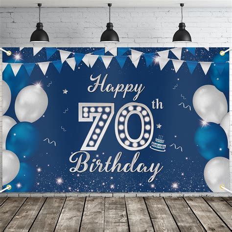 Joyky Happy 70th Birthday Banner Blue Silver Happy 70th