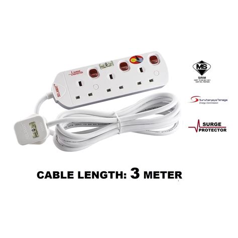 Selamat 3 Gang Surge Protection Extension Sockettrailing Socket 2m3m