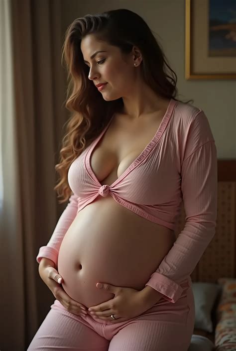 Pregnant Woman In Pink Shirt And Pink Pants Standing In Front Of A
