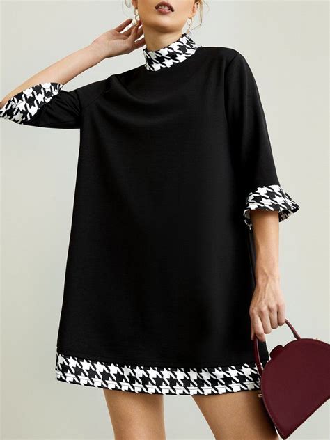 Stylewe Casual Dresses A Line Stand Collar Urban Dresses Houndstooth