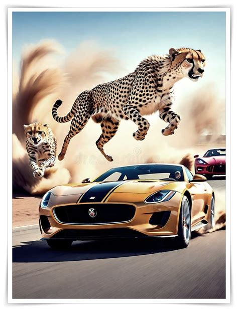 A Cheetah Racing With Sports Cars On The Savannah Road Stock Illustration Illustration Of