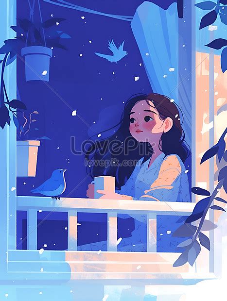발코니에서 커피를 마시는 귀여운 소녀 일러스트 무료 다운로드 Lovepik