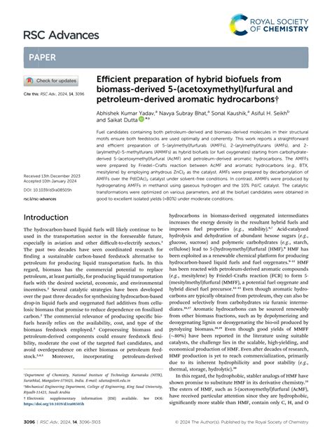 Pdf Efficient Preparation Of Hybrid Biofuels From Biomass Derived 5 Acetoxymethyl Furfural
