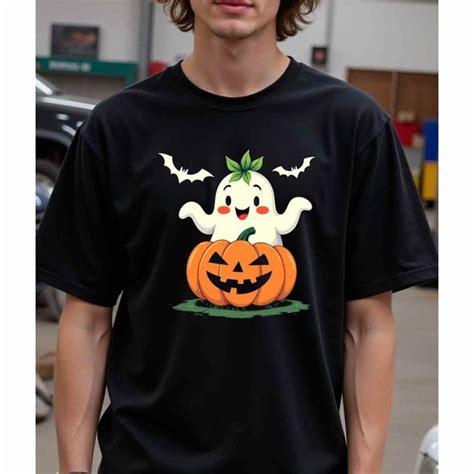 Halloween Theme Graphic Tee Spooky Ghosts Bats And Jack O Lantern