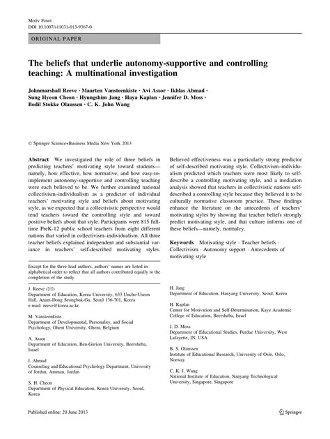 Pdf The Beliefs That Underlie Autonomy Supportive And Controlling