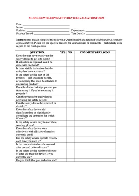 Model New Sharps Safety Device Evaluation Form Printable Pdf Download