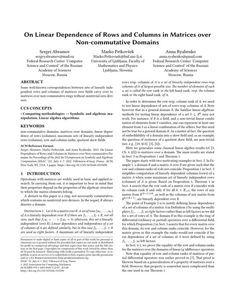 Pdf On Linear Dependence Of Rows And Columns In Matrices Over Non