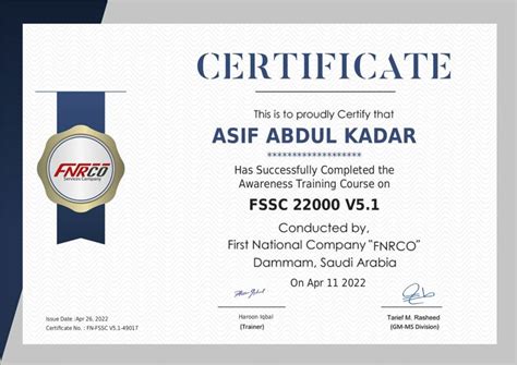Asif Abdul Kadar On Linkedin Iso Iso22000 Foodsafety Awareness Training Certificate