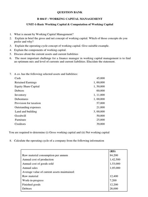Question Bank B 604 F Working Capital Management Unit 1 Basic Working