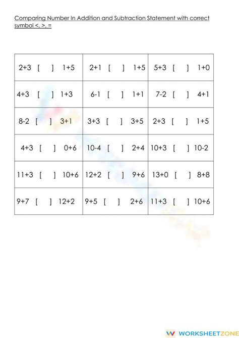 Comparing Number In Addition And Subtraction Statement With Correct Symbol Worksheet