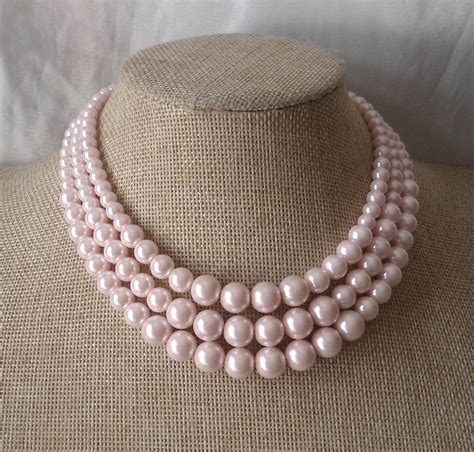 Light Pink Pearl Necklace3 Strand Pearl Necklaceglass Pearl Necklace
