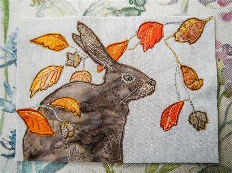 Printed Pattern For Autumn Hare And Birch And Fall Leaves Raw Edge