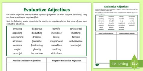 Evaluative Adjectives Sorting Activity