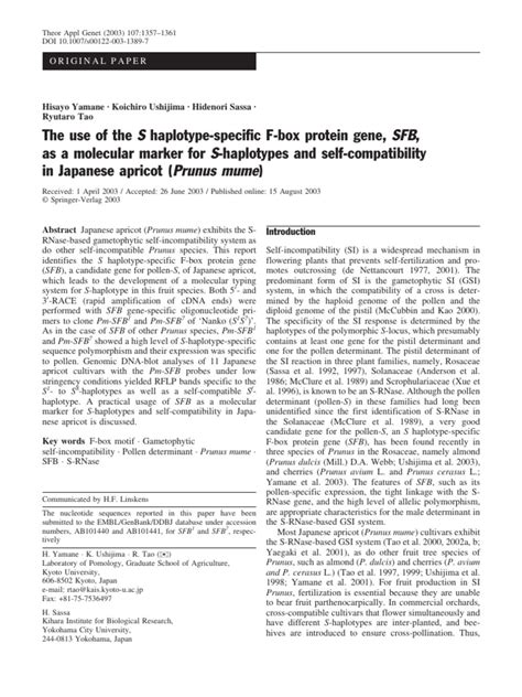 The Use Of The S Haplotype Specific F Box Protein Gene Sfb As A