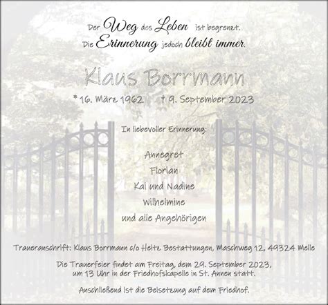 Traueranzeigen Von Klaus Borrmann Noz Trauerportal