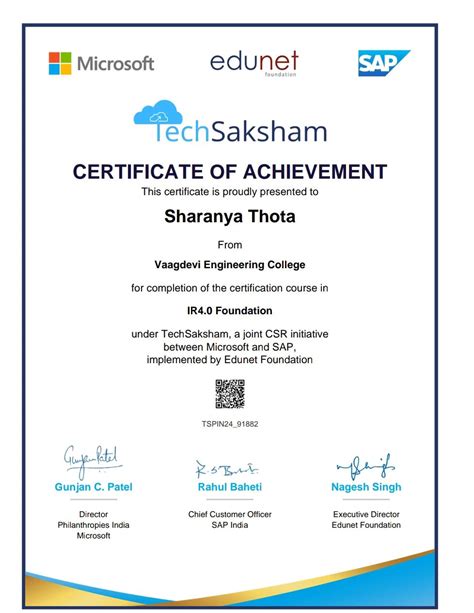 Sharanya Thota On Linkedin Microsoft Edunetfoundation Sap Techsaksham Edunet