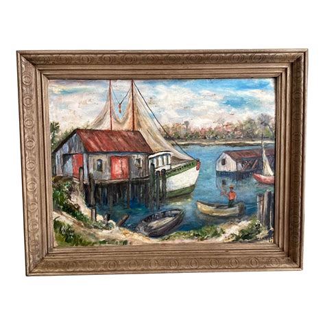 Vintage 1960s Harbor Scene Painting With Boats And Lobster Fisherman