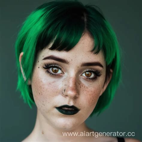 Enigmatic GreenHaired Girl With Freckles And Dark Makeup AI Art Generator