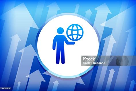 Stick Figure Carrying Globe Blue Up Arrows Background Ilustrasi Stok